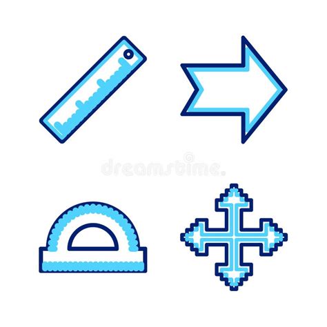 Set Line Pixel Arrows In Four Directions Protractor Grid Arrow And Ruler Icon Vector Stock