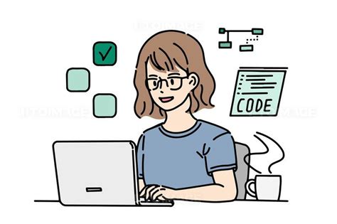 노트북으로 코딩을 하고 있는 안경을 쓴 여성 개발자 프로그래머 일러스트 유토이미지 상세페이지 베이직샵 일러스트 22348614