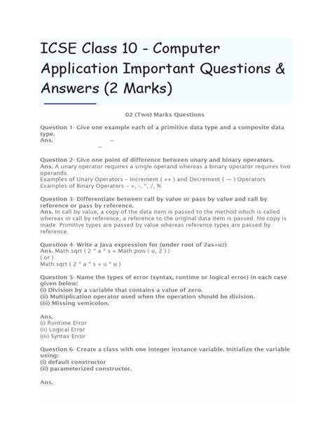 Icse Class 10 Computer App Qanda Guide Pdf Integer Computer Science