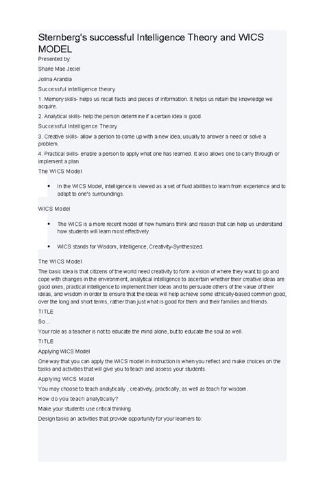 Sternberg M18 Sternbergs Successful Intelligence Theory And Wics