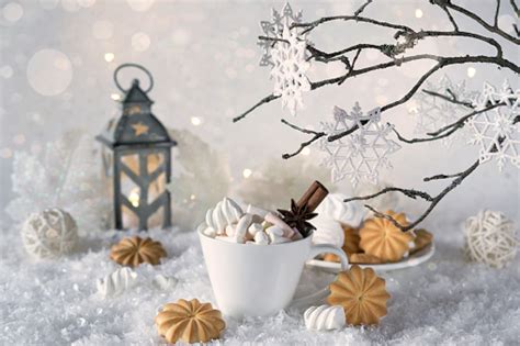 마쉬 멜 로우 핫 코코아 또는 눈 배경에 계 피와 달콤한 쿠키와 커피 한 잔 0명에 대한 스톡 사진 및 기타 이미지 0명 겨울 계피 Istock