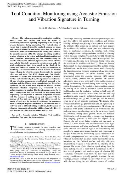 Pdf Tool Condition Monitoring Using Acoustic Emission And Vibration Signature In Turning