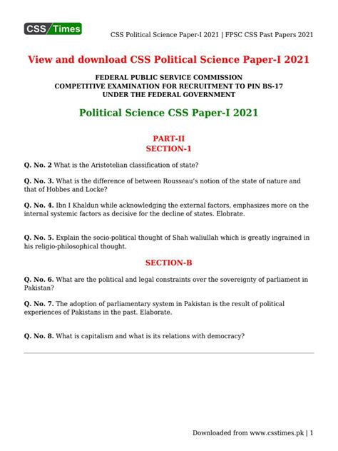 Css Political Science Paper I 2021 Fpsc Css Past Papers 2021 Pdf