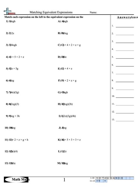 Basic Equivalent Expression Worksheets