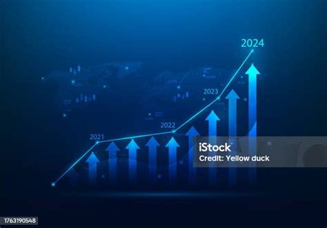 비즈니스 거래 그래프 투자 성장 2024 년 파란색 배경 이코노미 월드 차트 거래 기술 글로벌 추세 위쪽 화살표 벡터 일러스트