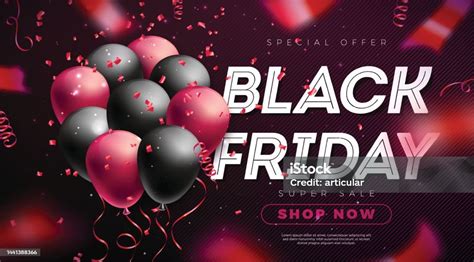 어두운 배경에 떨어지는 색종이와 파티 풍선이 있는 블랙 프라이데이 세일 그림 벡터 새해와 크리스마스 디자인 템플릿으로 인사말 카드 전단지 배너 축하 포스터 또는 파티