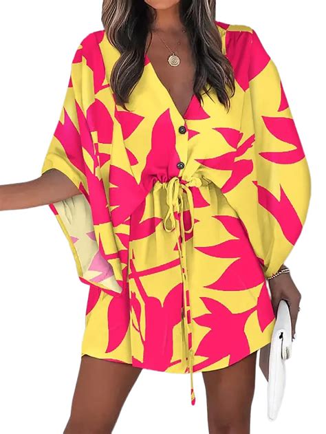 Rooscier Womens Floral Print V Neck Batwing Sleeve Drawstring Loose