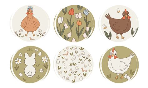 로고 디자인 템플릿 아이콘 및 배지의 귀여운 벡터 그린 세트는 소셜 미디어에 대 한 암탉 달걀 토끼 및 꽃과 같은 부활절 휴일