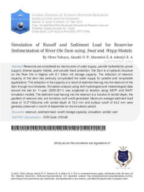 Pdf Simulation Of Runoff And Sediment Load For Reservior Sedimentation Of River Ole Dam Using