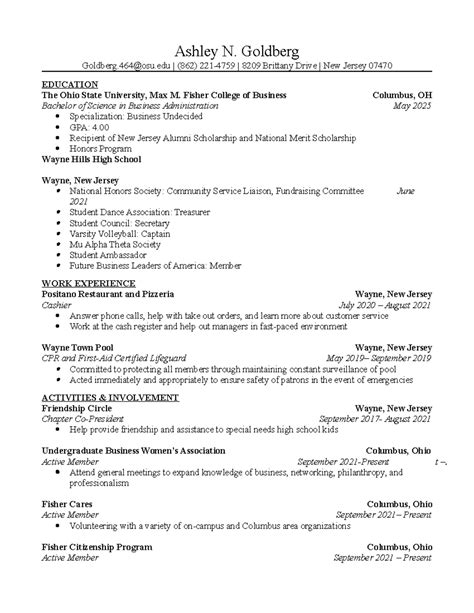 Freshman Resume Template Ashley N Goldberg Goldbergosu 862 221
