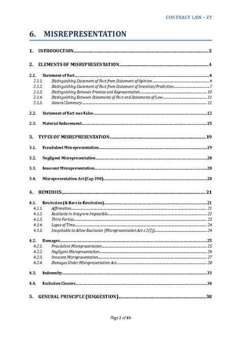 6 Misrepresentation Summary Law Of Contract CONTRACT LAW ZY 6 MISREPRESENTATION 1 Studocu