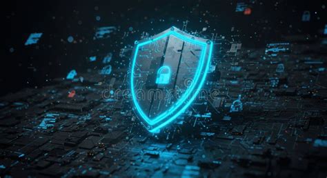 The Illuminated Shield With A Padlock Portrays Concepts Of Digital Security And Data Protection