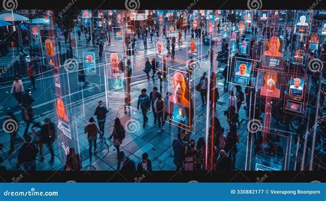Cctv Urban Surveillance Facial Recognition Ai Crowd Monitoring Secure Environment Copy Space