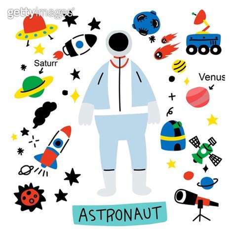 캐릭터 오브젝트 묘사 라인아트 일러스트기법 팬시 우주비행 우주비행사 로켓 우주선 우주선 행성 이미지 Jv11367903 게티이미지뱅크