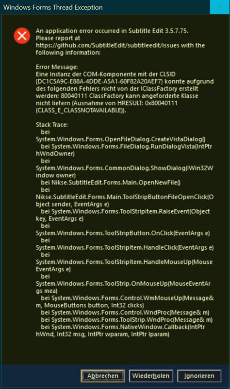 Windows Forms Thread Exception · Issue 3152 · Subtitleeditsubtitleedit · Github