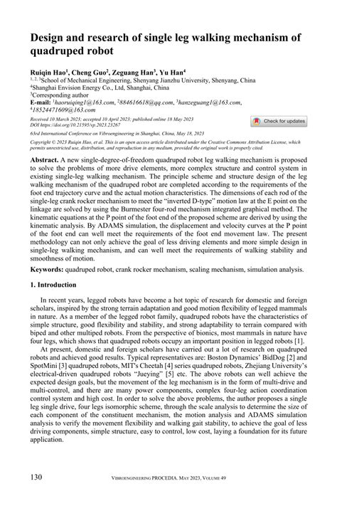 PDF Design And Research Of Single Leg Walking Mechanism Of Quadruped Robot