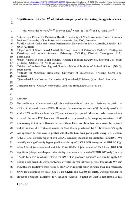 Pdf Significance Tests For R2 Of Out Of Sample Prediction Using Polygenic Scores