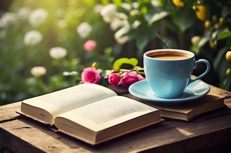 Premium Photo Cup Of Coffee And Book Reading In The Garden Book