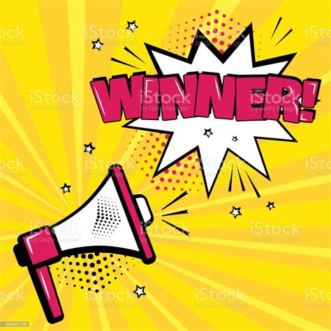팝 아트 스타일에 노란색 배경에 비문 우승자와 확성기 및 음성 거품이 있다 벡터 일러스트 레이 션 1위에 대한 스톡 벡터 아트 및 기타 이미지 Istock