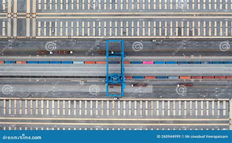 Aerial View Of Shipping Container Rail Terminal Train Wagon Cargo Container For Shipping