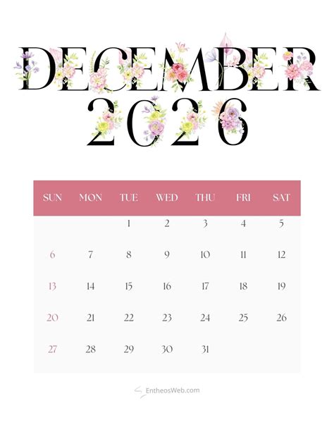 December 2026 Calendar Aesthetic Cute Free Printable Templates
