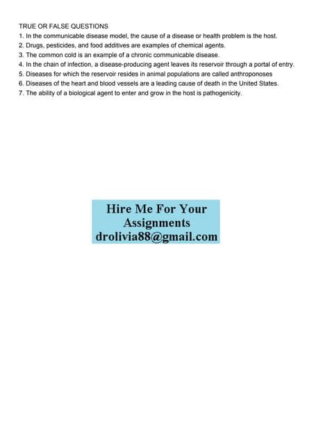 True Or False Questions 1 In The Communicable Disease Modelpdf