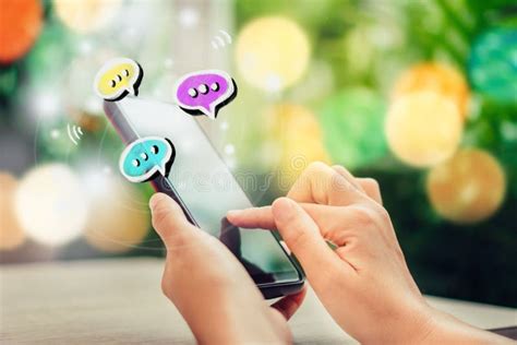 Women Hand Using Smartphone Typing Chatting Conversation In Chat Box Icons Pop Up Stock Image