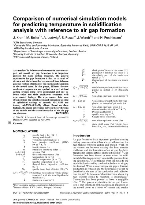 PDF Comparison Of Numerical Simulation Models For Predicting Temperature In Solidification