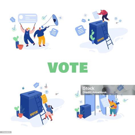 투표 및 선거 개념 템플릿 디자인 사전 선거 운동 사람 후보 문자의 홍보 투표함 후보자에게 종이 투표를 하는 시민들 벡터 일러스트레이션 Referendum에 대한 스톡 벡터