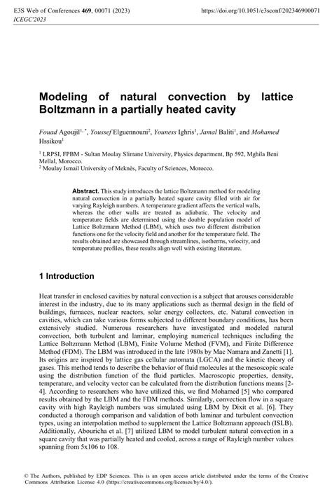 Pdf Modeling Of Natural Convection By Lattice Boltzmann In A Partially Heated Cavity