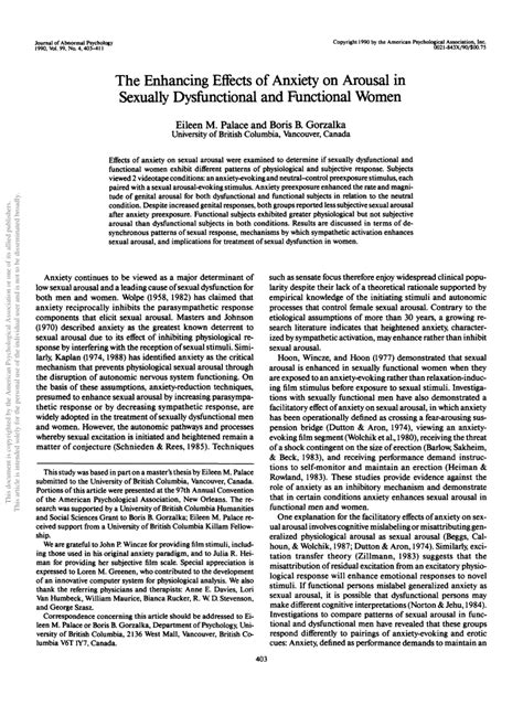 The Enhancing Effects Of Anxiety On Arousal In Sexually Dysfunctional And Functional Women