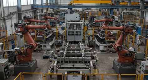 Automated Assembly Line With Robotic Arms In Factory Stock Illustration Illustration Of Indoor