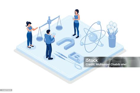 물리학 학교 과목 개념입니다 과학자는 전기 자기 광파 및 힘을 탐구합니다 이론 및 실제 연구 물리학 과정과 수업 아이소메트릭