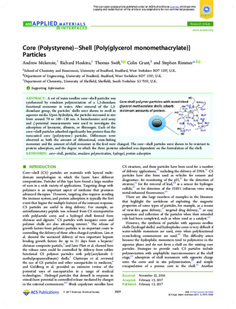 Pdf Core Polystyrene−shell Polyglycerol Monomethacrylate Particles