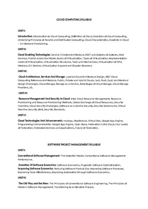 Cc Syllabus Comprehensive Overview Of Cloud Computing And Software