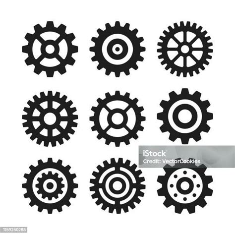 벡터 기어 아이콘 세트입니다 검은 톱니바퀴 기호 흰색 배경에 분리된 톱니바퀴 개념에 대한 스톡 벡터 아트 및 기타 이미지 개념 개체 그룹 검은색 Istock