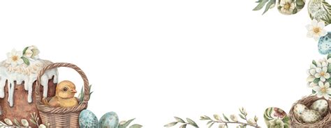 바구니에 귀여운 병아리와 빈티지 스타일의 달걀이 있는 부활절 배너 둥지와 케이크가 있는 손으로 그린 수채화 배경 복사 공간이 있는 수평 프레임 웹 디자인 및 휴일 템플릿에