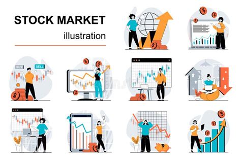 Stock Market Concept With Character Situations Mega Set Vector Illustrations Stock Vector