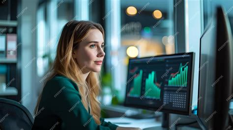 Premium Photo Focused Professional Woman Analyzing Data On Computer