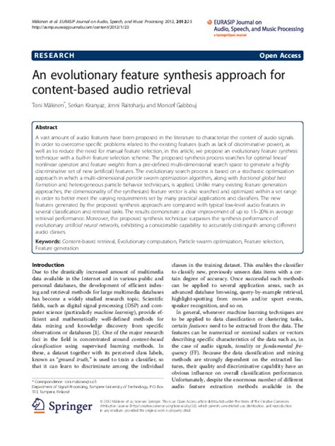 Pdf An Evolutionary Feature Synthesis Approach For Content Based Audio Retrieval