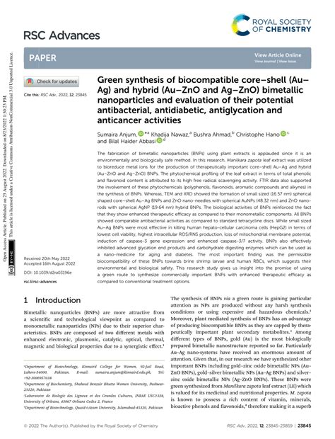 Pdf Green Synthesis Of Biocompatible Core Shell Au Ag And Hybrid Au Zno And Ag Zno