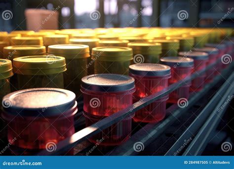 Close Up Of Sealed Containers On Assembly Line Stock Image Image Of Manufacturing Closeup