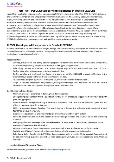 Plsql Flexcube Srplsqldeveloper 2023 Job Title Plsql Developer
