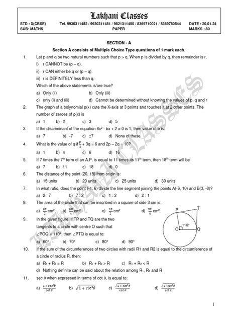 20 01 24 X Cbse Maths Prelim Paper Pdf Circle Area
