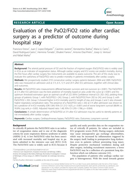 Pdf Evaluation Of The Pao2 Fio2 Ratio After Cardiac Surgery As A