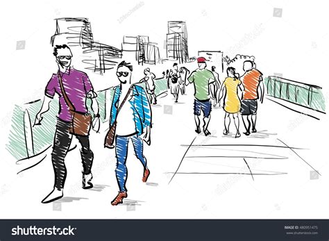 People Walking On Overpass Color Sketch Stock Illustration 480951475
