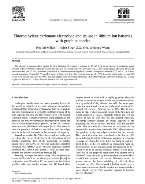 Pdf Fluoroethylene Carbonate Electrolyte And Its Use In Lithium Ion Batteries With Graphite