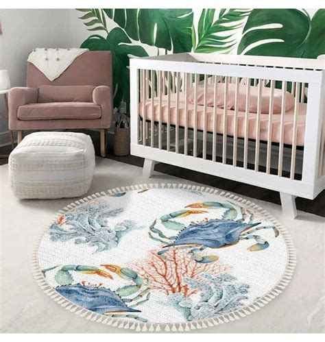 원형 보헤미안 부분 러그 바다 푸른 게 산호 수채화 핸드 페인팅 해상 카펫 태슬 명상 세탁 가능한 복도 바닥 티몬