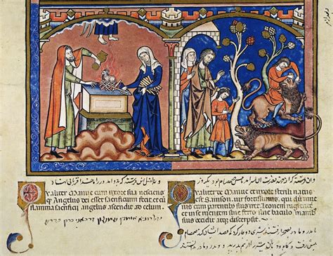 Samson Fighting A Lion Nthe Sacrifice Of Manoah And His Wife Pregnant With Samson Judges