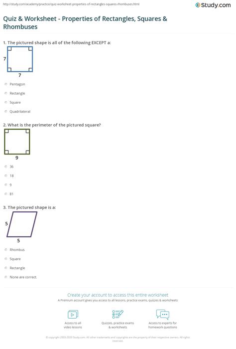 Quiz And Worksheet Properties Of Rectangles Squares And Rhombuses